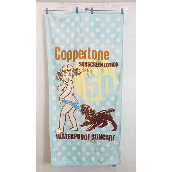 Coppertone | Bath | Vtg Beach Towel Ad Coppertone Sunscreen Lotion Spf 5 Girl Polkadot Dog Blue ...